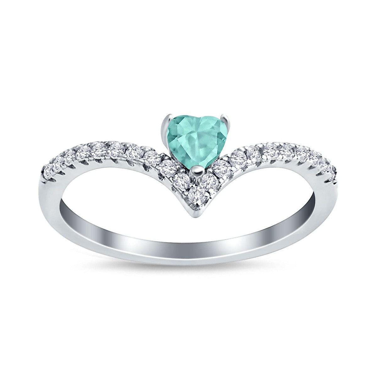 Blue Apple Co. Simulated Paraiba Tourmaline CZ Size-9 Chevron Midi V Ring Band Heart Simulated Stone Round Simulated Cubic Zirconia 925 Sterling Silver