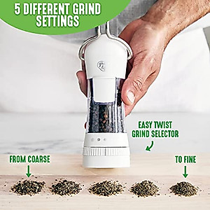 GreenLife Salt and Pepper Grinder, Mess-Free Ratchet Mill, Adjustable Coarseness and Easily Refillable, White 1/3 Cup Capacity