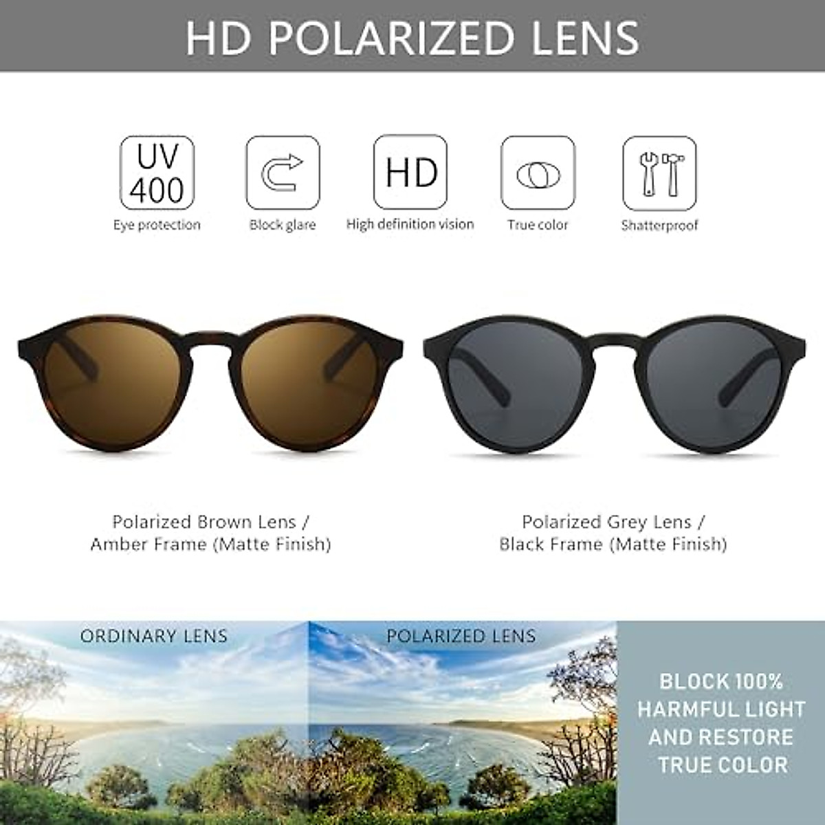 SUNGAIT Classic Vintage Round Polarized Sunglasses for Women Men Retro Style UV400 (Amber Frame Brown Lens+Black Frame Grey Lens) SGT166HPC-SHH