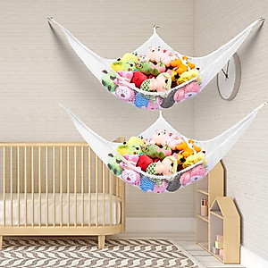 Stuffed Animal Net or Hammock, Stuffed Animal Net, Jumbo Toy Net Hammock for Stuffed Animals KoHuiJoo Wall Sling Corner Extra Large Kids Children Mesh Toy Net Organizer (White 2Pack, 83 Inch)