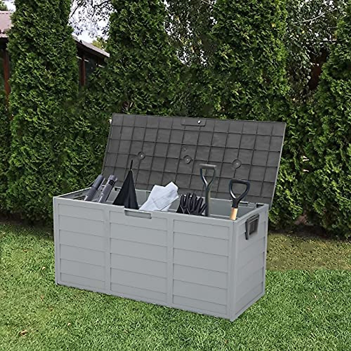 75 Gallon Resin Outdoor Storage Deck Box Waterproof Patio Storage Box Organization with Wheels for Patio Furniture,Outdoor Cushions,Garden and Pool Supplies, Lockable (Grey)