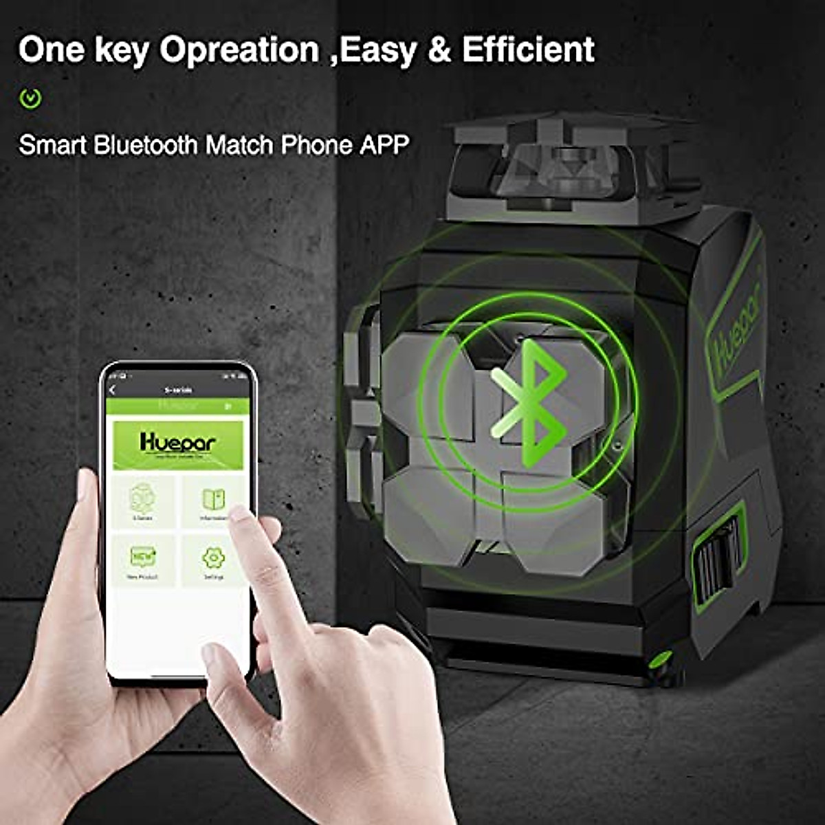 Huepar Laser Level 2x360 Self-Leveling Cross Line Laser with Bluetooth Connected, 360° Green Beam Leveling and Alignment Laser Tool with Metal Laser Window, Li-ion Battery&Magnetic Base Included-S02CG
