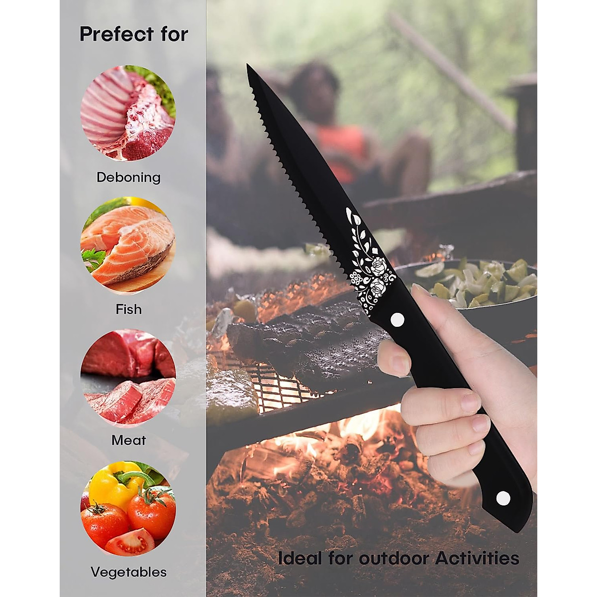 EUIRIO 8-Pieces Steak Knives,Matte Black Steak Knives Set of 8,Stainless Steel Serrated Steak Knives,Full Tang Triple-Riveted Dinner Knives with Laser Pattern,Dishwasher Safe for Kitchen Restaurant