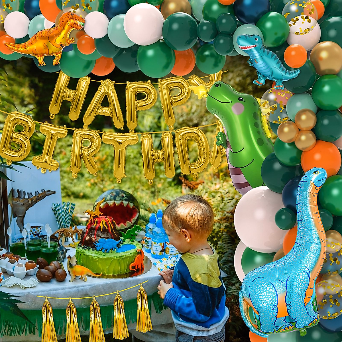 Dinosaur Birthday Decorations, 113pcs Dinosaur Party Decorations Include Dinosaur Balloons, Happy Birthday Balloons, Curtains for Dinosaur Themed Party Baby Shower Decorations Supplies Boys Kids