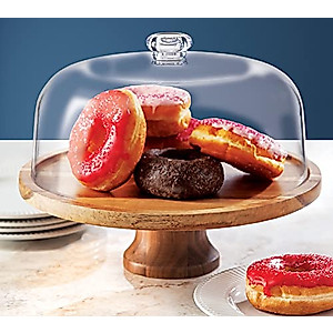 Godinger Footed Cake Plate, Acacia Wood and Shaterproof Acrylic Lid, Cake Stand with Dome