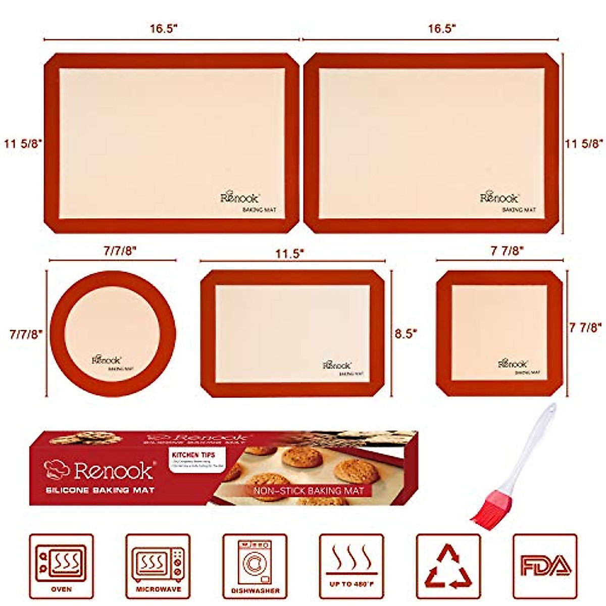 RENOOK Silicone Baking Mats Set of 5, BPA-free grade food baking mat, 100% Non-Stick Reusable Food Safe Liners & Silicone Brush- Macaron, Pastry, Cookie.