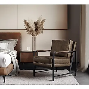 Yaheetech PU Leather Armchair, Retro Leisure Accent Chair with Extra Soft Padded and Cushion, Modern Reading Arm Chair with Black Metal Frame for Living Room/Office/Bedroom/Study, Brown