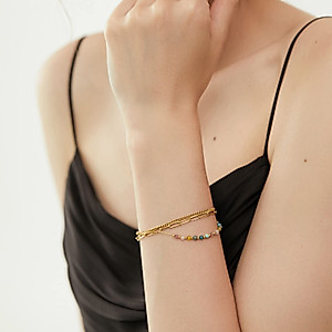 YADUDA Layered Dainty Gold Bracelets for Women Chain Link Paperclip with Colorful Crystal, Adjustable 14K Gold Plated Colorful Beaded Trendy Bracelets