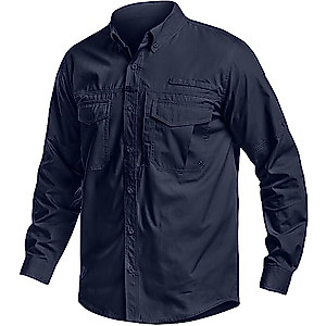 CQR Men's Long Sleeve Tactical Shirts, Ripstop Military Work Shirts, UPF 50+ Breathable Button Down Outdoor Hiking Shirt, Officer Work Shirts Dark Midnight Navy, Large
