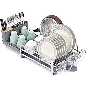 TOOLF Dish Rack and Drainboard Set, Extend Large Dish Drying Rack with Swivel Spout for Kitchen Counter or Sink, Expandable Dish Drainer Rack with Utensil Holder and Cup Holder (Expandable)