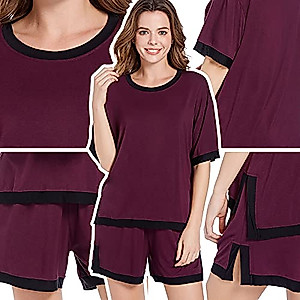Eiggam Pajama Set for Women Cotton Pajama Capri for Women Solid Pjs Fashion Pijamas Sleep Wear Short Sleeve Ladies Soft Pajama Sleep Sets XL Wine Red Pajamas Set