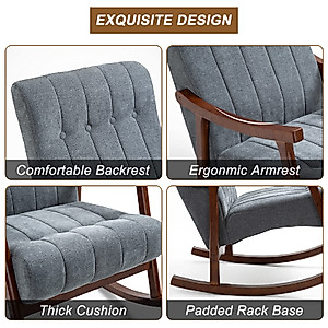 AVAWING Upholstered Rocking Chair with Fabric Padded Seat,Comfortable Rocker Solid Wood for Living Room,Modern High Back Armchair,Adult Single Sofa,Old Man Chair (Dark Grey)