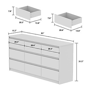 Homsee 9 Drawers Double Dresser, Modern Wood Dresser Chest of Drawers with Large Storage Space for Bedroom, White (63”L x 15.7”W x 31.5”H)