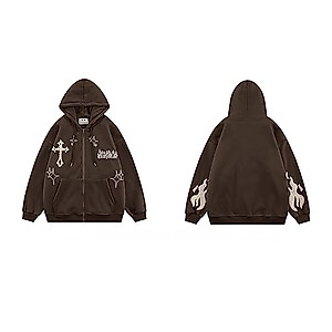 CUTEGAL Aesthetic Hoodie Y2K Hoodie Gothic Hoodie Graphic Hoodie Flame Cross Print Streetwear Oversized Hoodie Unisex 2023AW (Brown,XL,X-Large)