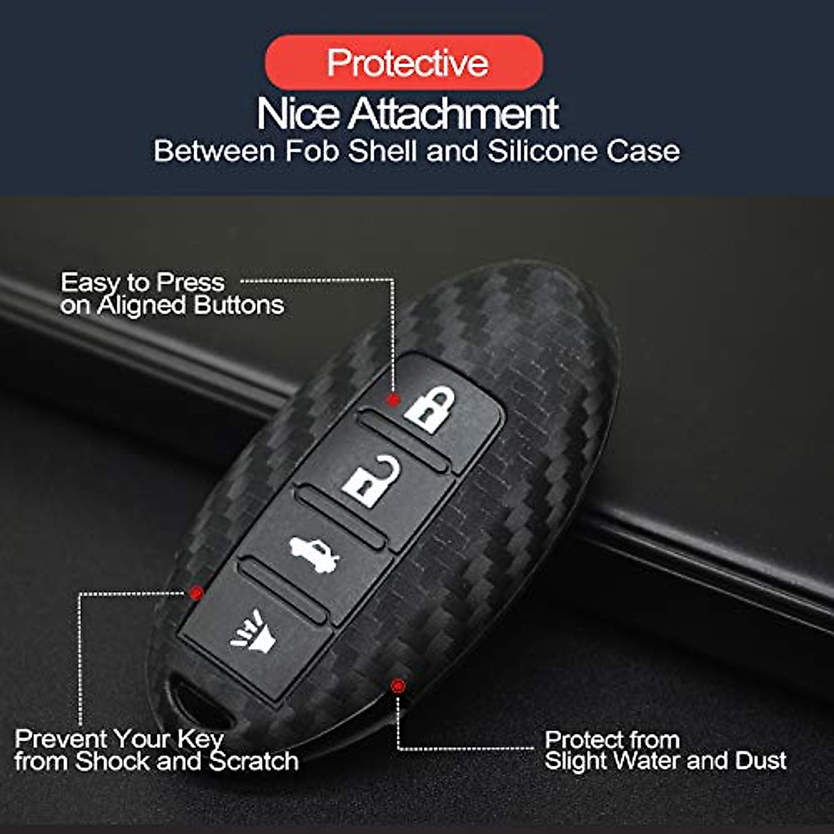 2pcs Compatible with Nissan 4 Buttons Smart Carbon Fiber Looks Silicone Case Remote Key Fob Cover for 2002-2018 Nissan 350Z Altima Armada GT-R Maxima Murano Quest Sentra, Infiniti FX35 FX37 Q40 Q45