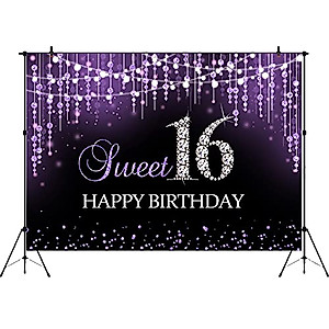 Aperturee Purple Sweet 16 Birthday Backdrop 7x5ft Princess Bokeh Glitter Shiny Sequin Dots Diamond Girls Happy Sweet Sixteen 16th Photography Background Banner Photo Booth Props Party Decorations