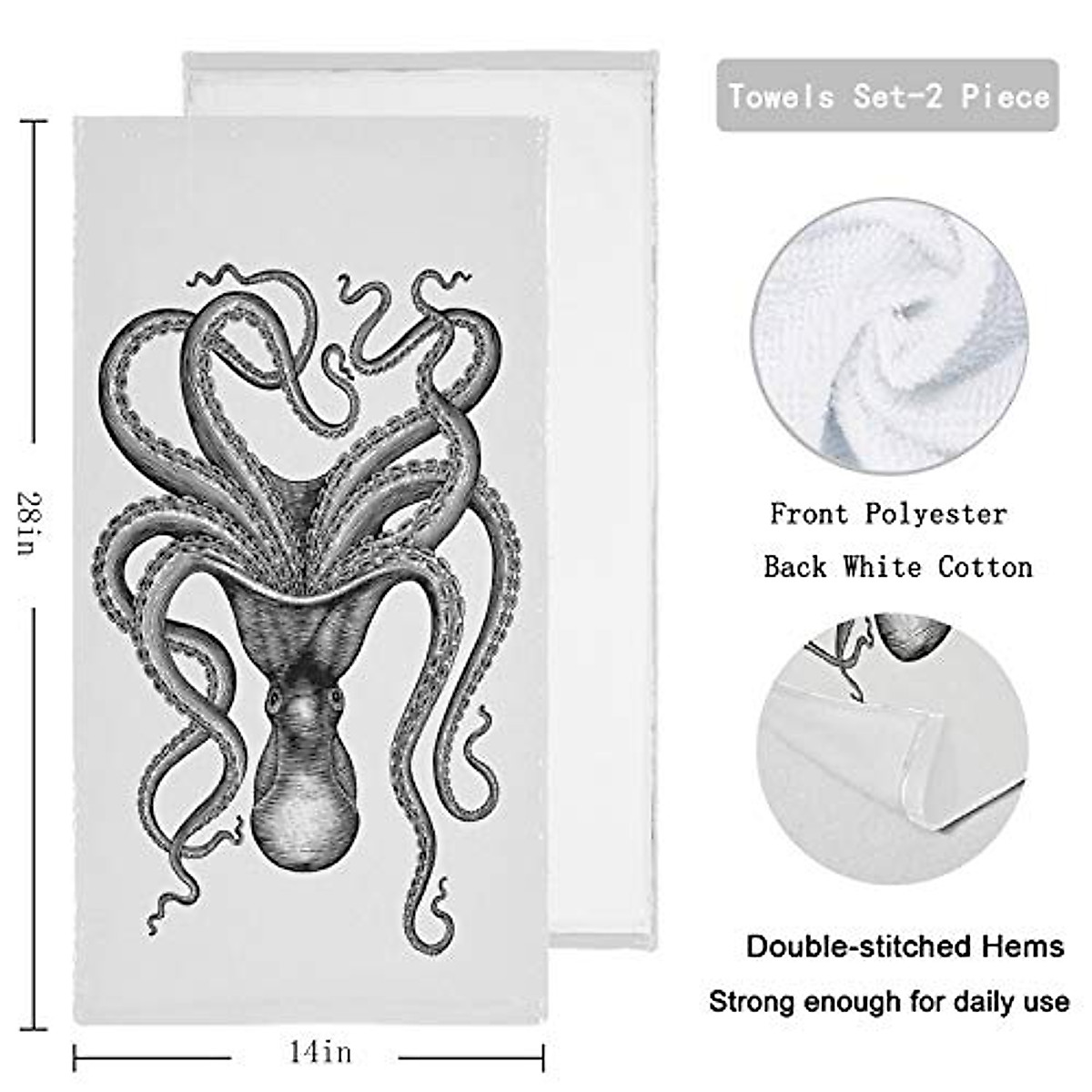 Naanle Chic Octopus Engraving Print Luxury 2 Piece Soft Fluffy Guest Decor Hand Towels, Multipurpose for Bathroom, Hotel, Gym and Spa (14" x 28",Black White)