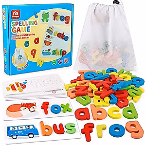 Coogam Read Spelling Learning Toy, Wooden Alphabet Flash Cards Matching Sight Words ABC Letters Recognition Game Preschool Educational Tool Set for 3 4 5 Years Old Girls and Boys Kids