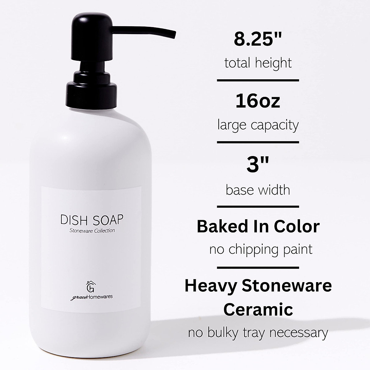GraceHomewares Stoneware Ceramic Dish Soap Dispenser for Kitchen Sink | Kitchen Soap Dispenser Set | Soap Holder | Bathroom Hand Soap Dispenser | Waterproof Labels | 2 Pack | White w/Black Pump