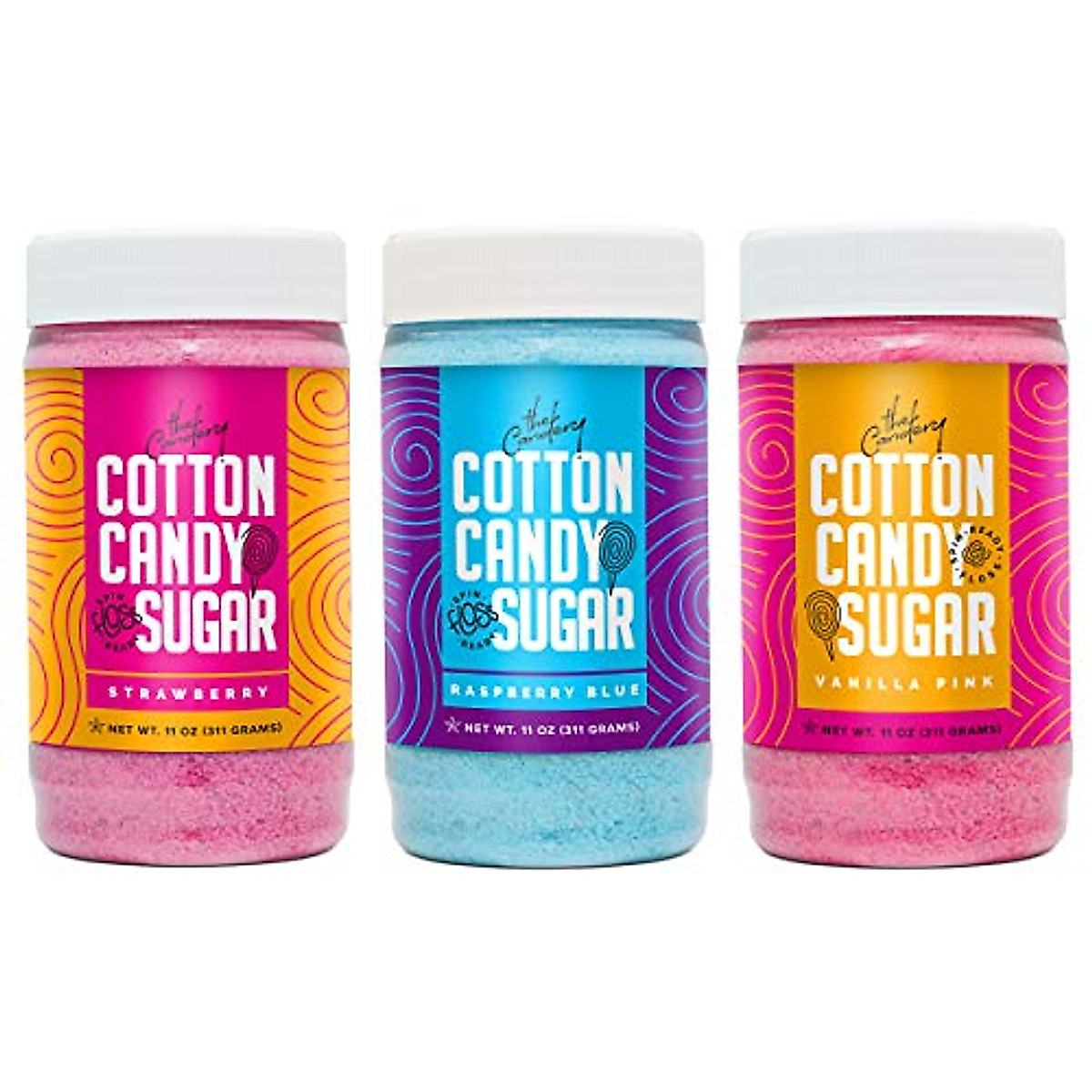 The Candery Cotton Candy Machine and Floss Bundle- Bright, Colorful Style- Sugar Free Candy, Sugar Floss, for Birthday Parties - Includes 3 Floss Sugar Flavors 12oz Jars and 50 Paper Cones & Scooper