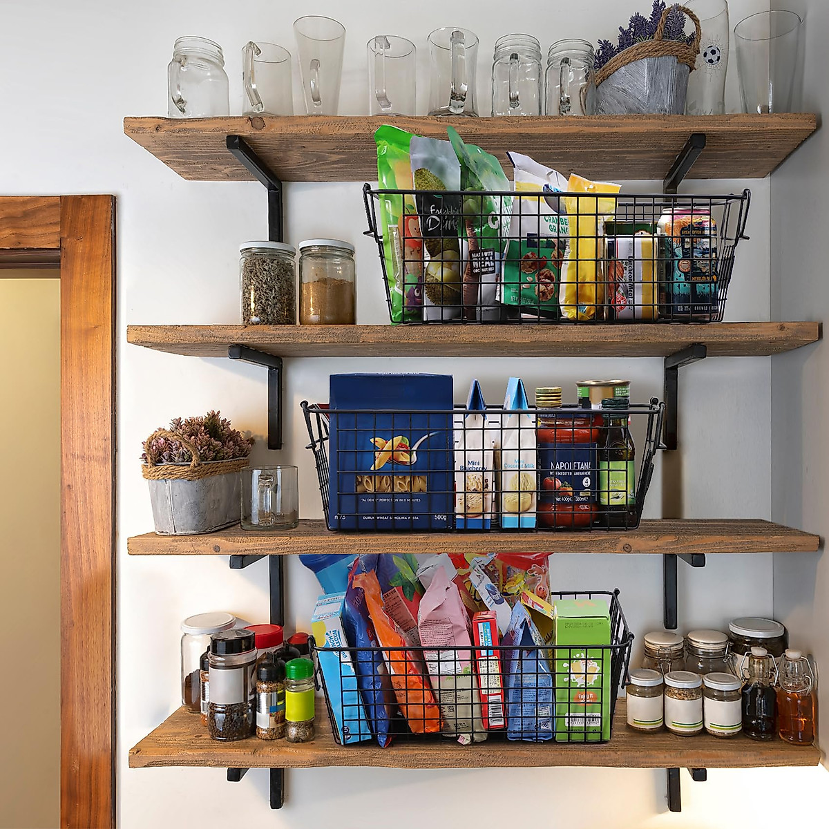 4 Pack [ XL Large ] STACKABLE Wire Baskets for Organizing - Pantry Storage and Organization Metal Bins for Produce, Food, Fruit - Kitchen Bathroom Closet Cabinet, Countertop, Under Sink Organizer