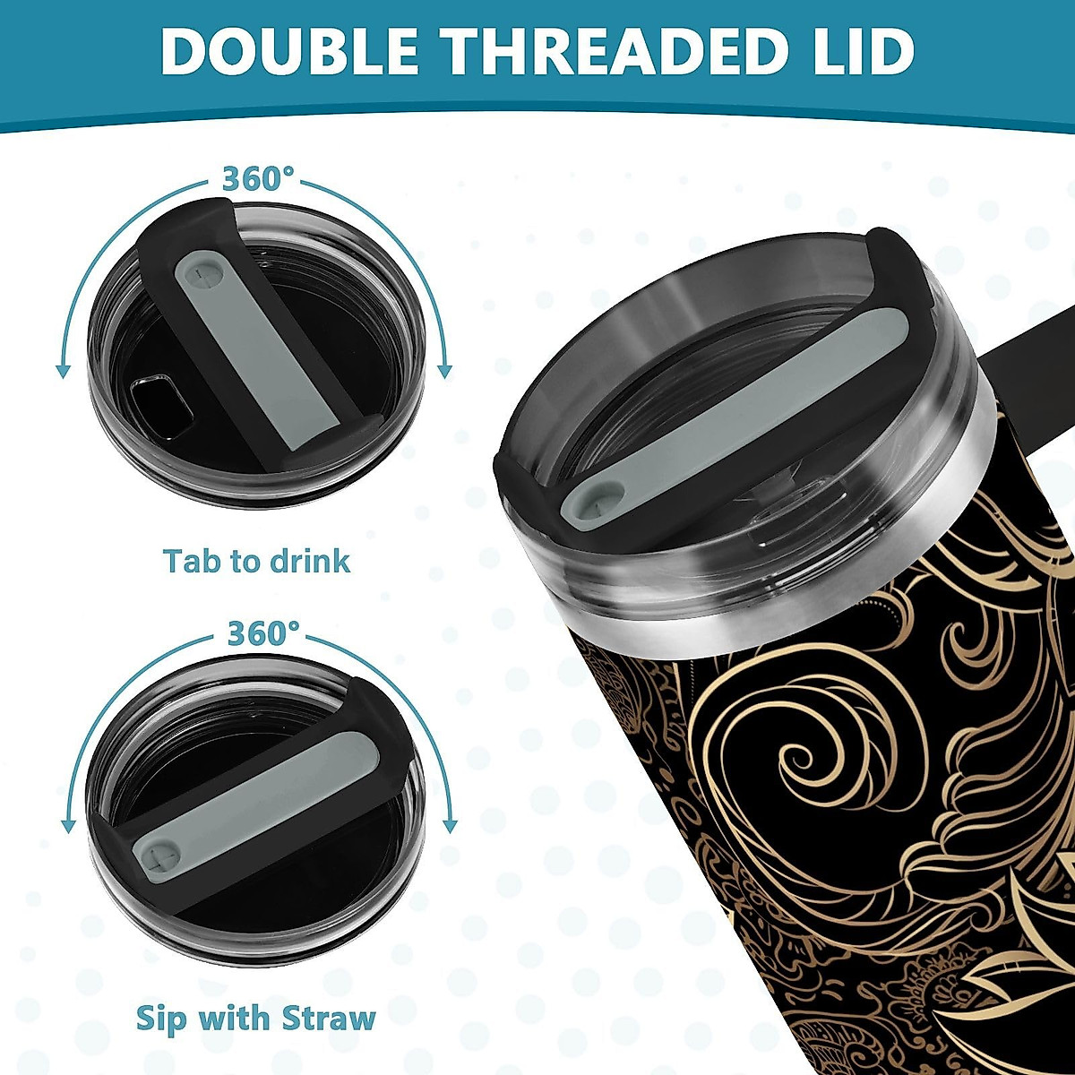 Yasala Car Tumbler with Handle Golden Lotus Floral Travel Mug Coffee Cup Insulated Beverage Container Mega Cup for Hot Cold Drinking Thermos Water Bottle Cupholder Friendly 40 oz