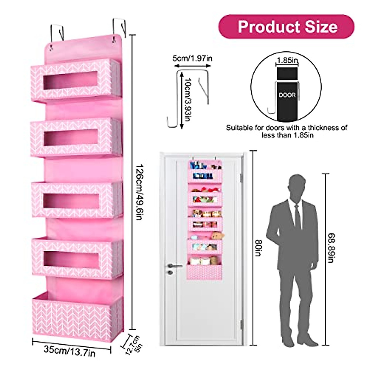 Mayniu 2 Pack Over the Door Hanging Organizer Storage with 5 Large Pockets, Wall Mount Pantry Organizer with Clear Windows for Nursery, Closet, Toys, Diapers, and Sundries (Pink)