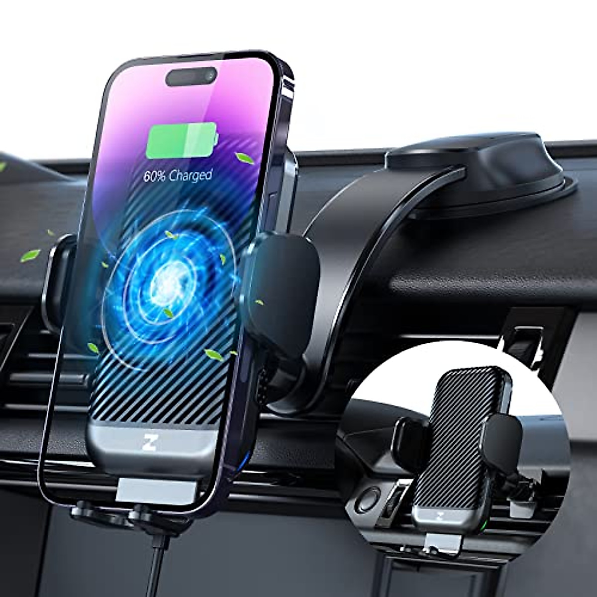 [Cooling Version] ZeeHoo 15W Fast Wireless Car Charger, Auto-Clamping Car Mount, Windshield Dash Air Vent Phone Holder Cooling Charging for iPhone 14 13 12 Pro Max Mini, Samsung S22,etc