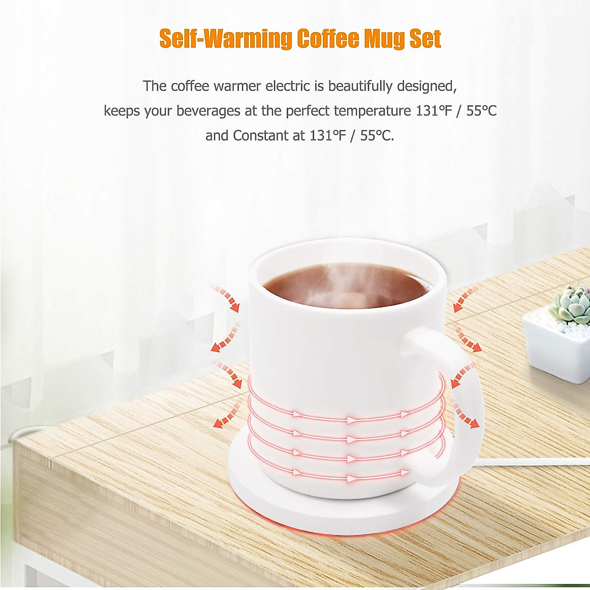 Electric Coffee Mug Warmer 12oz Beverage Mug Set with Auto On/Off 24 Watt Warmer Coaster Up to 55℃/131℉, Keeps Coffee Milk Tea Warm All Day