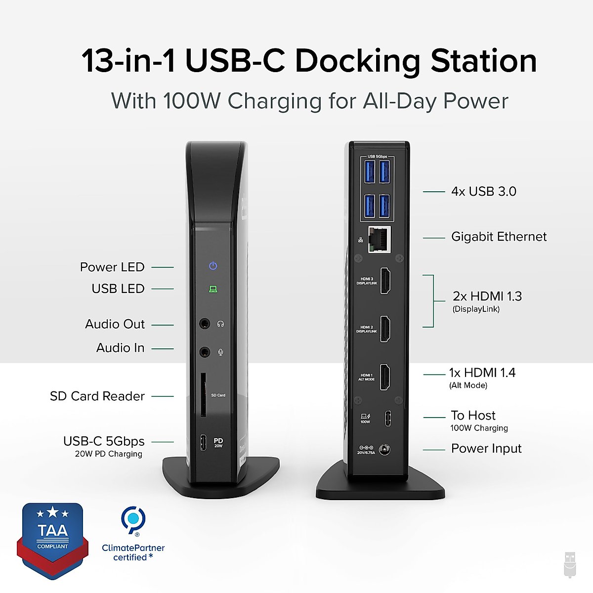 Plugable 13-in-1 USB-C Triple Monitor Docking Station, 100W Laptop Charging, DisplayLink Docking Station for Mac (Driver Req), Windows, Chrome (3 HDMI, 1 USB-C with 20W Charging, 4 USB, Ethernet, SD)