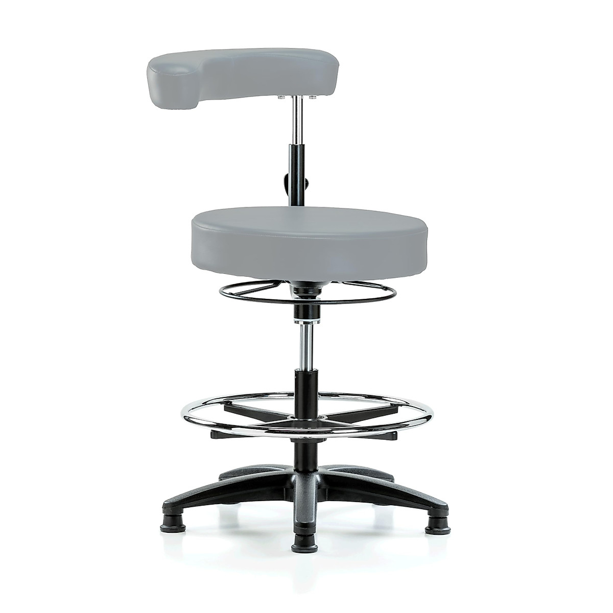Perch Dental Stool Adjustable Height with Procedure Arm and Foot Ring, Stationary Caps, Workbench Height (Gray Vinyl)
