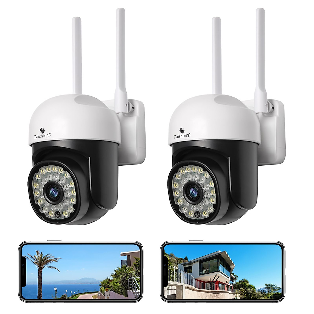 Taishixing Outdoor Security Camera 2PCS, 2.4G/5G WiFi HD Dome Surveillance Camera with Motion Detection, Alarm, Two-Way Audio, Full Color Night Vision, IP66 Waterproof, Free Cloud Storage