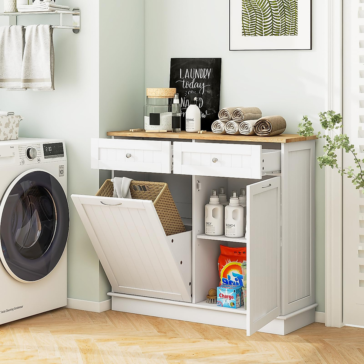 LOKO Kitchen Tilt Out Trash Cabinet, Modern Trash Cabinet with 2 Drawers & Adjustable Shelf, Pet Proof Trash Can Cabinet with Rubber Wood Tabletop, Ideal for Living Room, Dining Room (White)