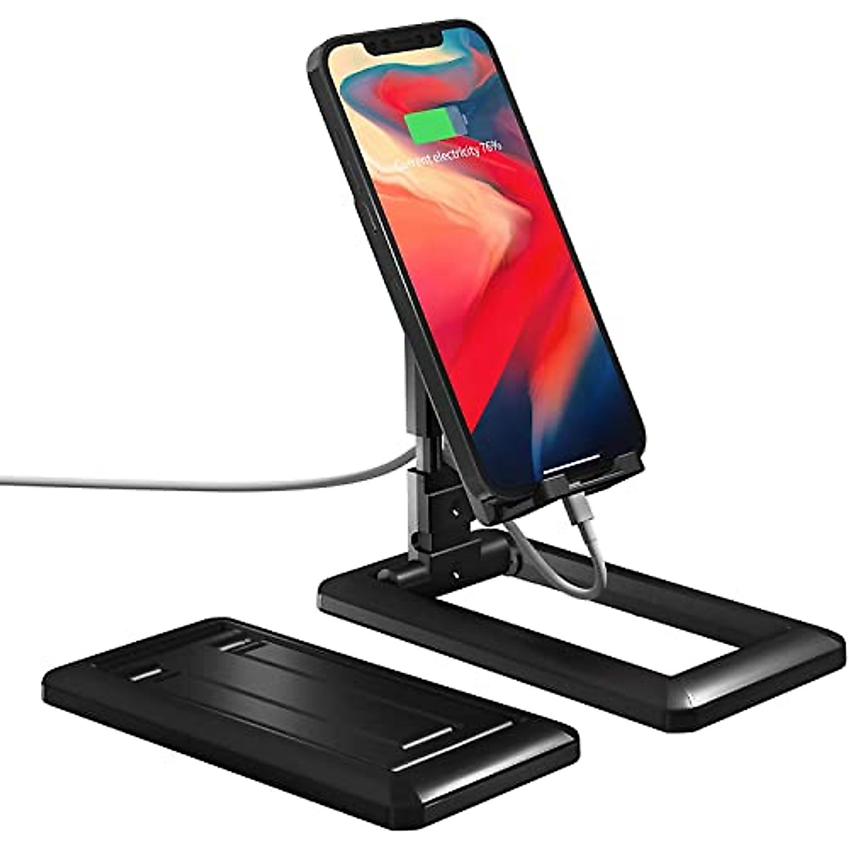 Phone Holder, Adjustable Desktop Phone Stand, Fully Foldable Phone Cradle Dock, Office Accessories, Compatible with iPhone/Kindle, All Smartphone(4-8 inches) - Black