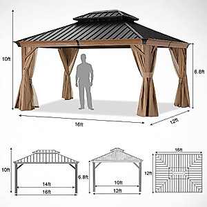 ABCCANOPY Hardtop Gazebo 12x16 - Outdoor Metal Hard Top Gazebo, Permanent Galvanized Steel Aluminum Framed Pavilion with Netting and Curtain for Patio Backyard Lawn Garden (Double Roof, Wood Grain)