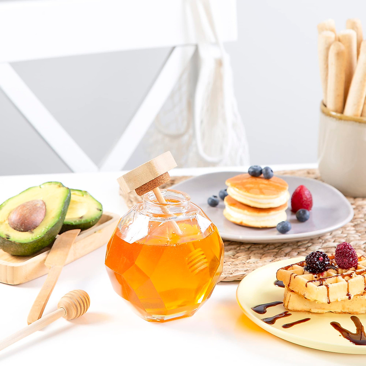 12 Ounce Glass Honey Jars with Dipper,Airtight Hexagonal Lid Glass Honey Jars,Honey Jar with Natural Wood Lid and Dipper Transparent Honey Jar and Honey Stick set with Lid TIMUR HOME KITCHEN (Cork)