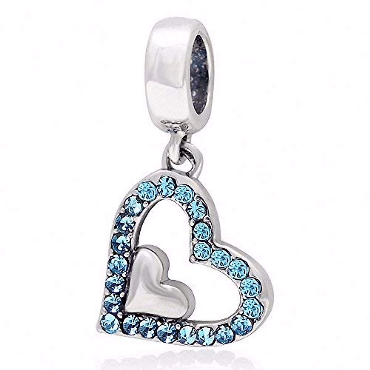 ABUN Sparkly Crystal Heart Charms 925 Sterling Silver Heart in Heart Birthstone Charm for Euroepan Bracelet (Aquamarrine March Stone)