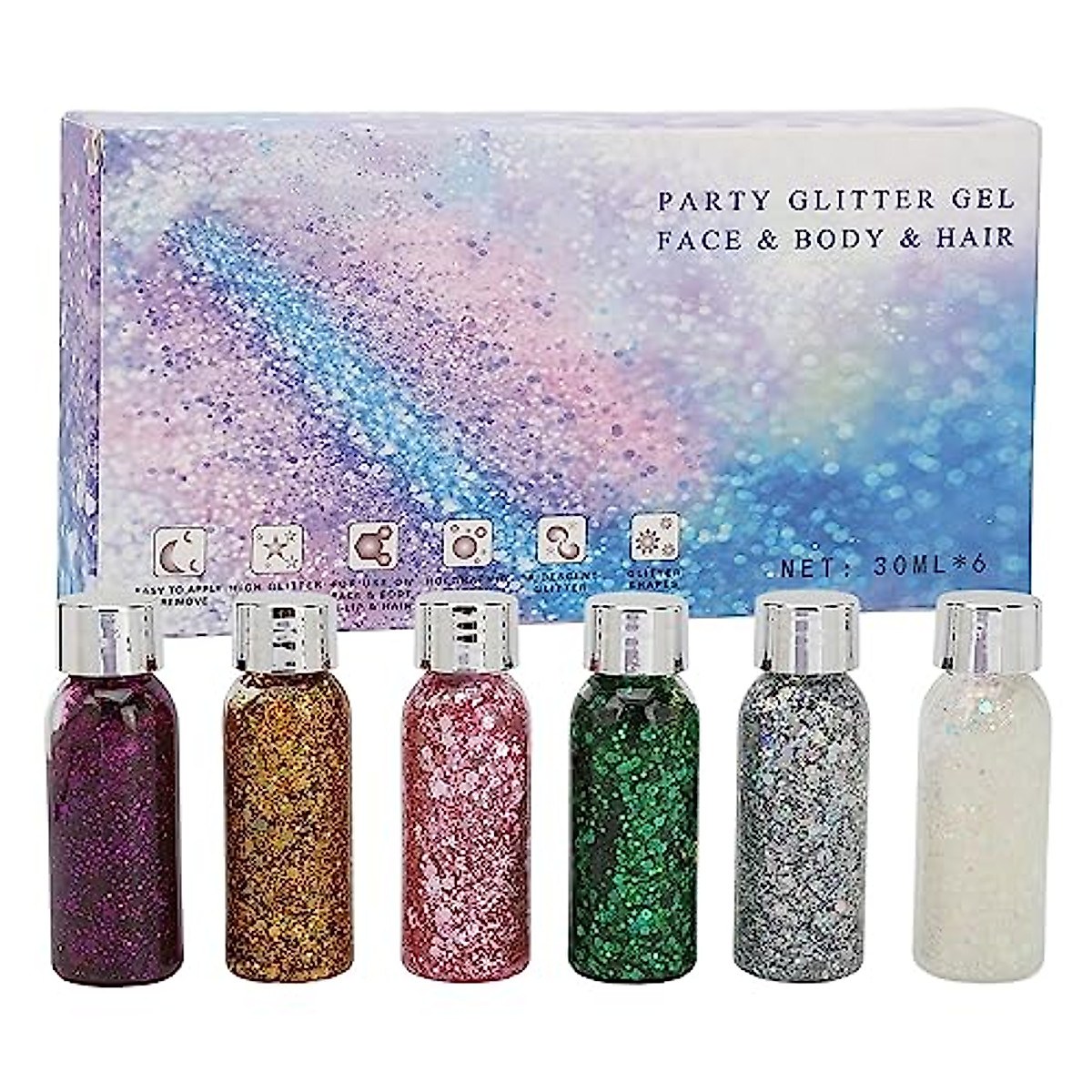 6 Colors Set Fine Glitter Holographic Glitter Craft Cosmetic for Body Face Hair Glitter Bulk, Glitter Tumbler Candle Making 180ML
