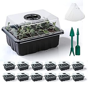 JERIA 12 Packs 144 Cells Seedling Starter Trays,Seed Starter Tray Seed Starter Kit with Humidity Adjustable Dome,Plant Germination Trays and Plant Starter Kit for Seeds Growing Starting (Black)