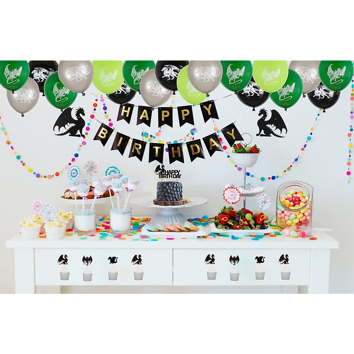 Dragon Birthday Party Decorations Dungeons and Dragons Theme Fantasy Party Supplies Including Dragon Cake Decoration and Toppers, Dragon Balloon Garland and Birthday Banner