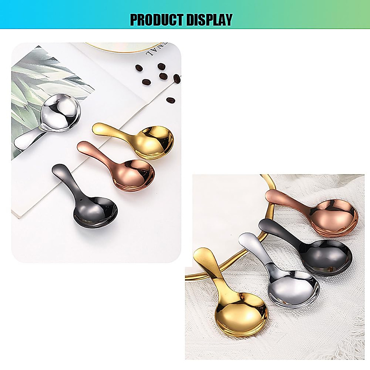 5PCS Short Handle Spoon, Stainless Steel Mini Spoons Thickened Small Round Spoon For Salt Condiments Dessert Tea Coffee (Black)