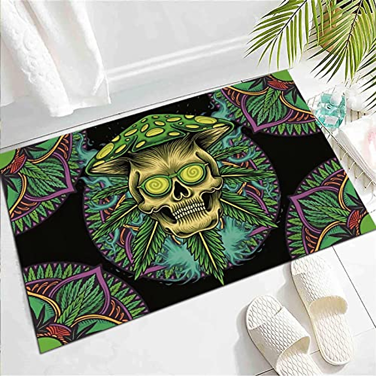 LGGQQW Trippy Weed Psychedelic Mushroom Skull Area Rug Hippie Green Plants Carpet for Bedroom Living Room Decor