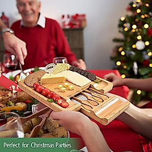 FITNATE Bamboo Cheese Board Set, 13inch Square Charcuterie Board with Cutlery in Slide-Out Drawer Including 4 Stainless Steel Serving Utensils, Gift for Christmas, Birthday, Wedding, Housewarming
