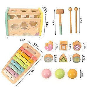 WOODENFUN Hammering Pounding Toys Wooden Educational Toy Xylophone Shape Sorter, Birthday Gift for 1 2 3 Years Boys Girls Baby Toddler Kids Developmental Montessori Learning Toy (Yellow)