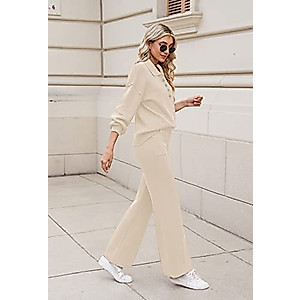 Pink Queen Women's 2 Piece Jogger Set Oversized Ribbed Knit Button Sweater Top Long Pants Tracksuit Pajama Set Beige XL