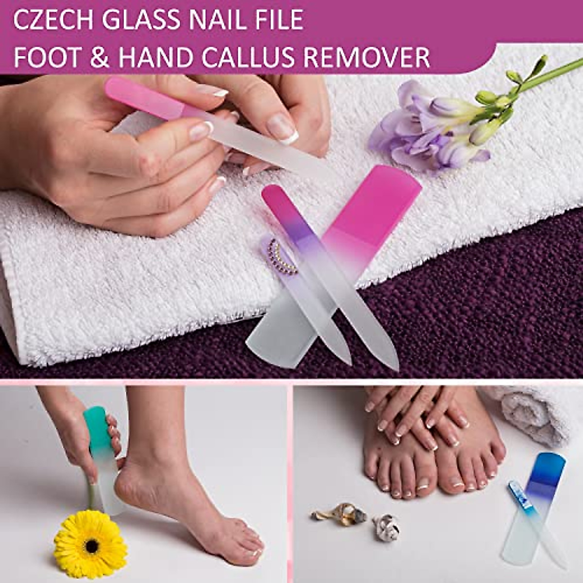 Czech Glass Nail File with Case - Glass Foot File Hand Callus Remover - Nice Gift Women - Crystal Nail Files For Natural Nails Glass Fingernail - Toenail Finger Board Sleeve Emery Boards 2 Files Set