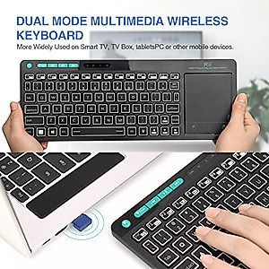 (Dual Mode) Rii RT518S Wireless and Bluetooth 2-LED Color Backlit Multimedia Keyboard with Multi-Touch Big Size Trackpad,Rechargable Keyboard for Android TV Box,PC,Tablets,Smart TV, HTPC, IPTV,Windows