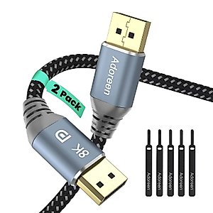 8K DisplayPort 1.4 Cable 8 Feet/2 Pack,Adoreen DP Cord(From 1.5-30FT)8K@60Hz 4K@144Hz 2K 1080P@240Hz 32.4Gbps HBR3 HDCP HDR,FreeSync G-Sync,Braided Display Port for Monitor Graphics+ 5 Ties-NOT HDMI