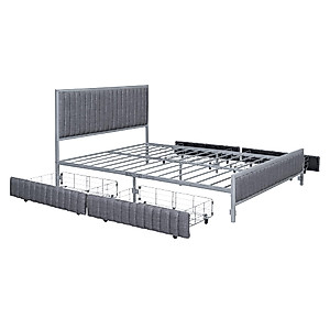 CKLMMC Morden Upholstered Platform Bed Frame with 4 Drawers,Sturdy Built-in Metal Slat Support,Queen Size Platform Bed for Bedroom,Living Room (Gray+Linen Fabric1, Queen)
