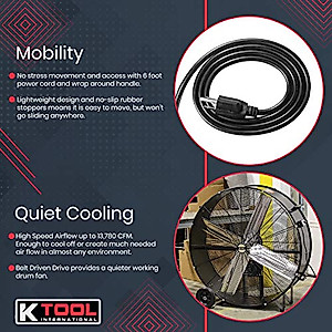 K Tool International 77742; 42” Belt Drive Drum Fan; Industrial Fan, Garage, Shop, High Speed 2-Speed, Durable, Cut-Off Protection, Easy Mobility Rubber Wheels; 1 Year Warranty, 14,800 Max CFM, Black